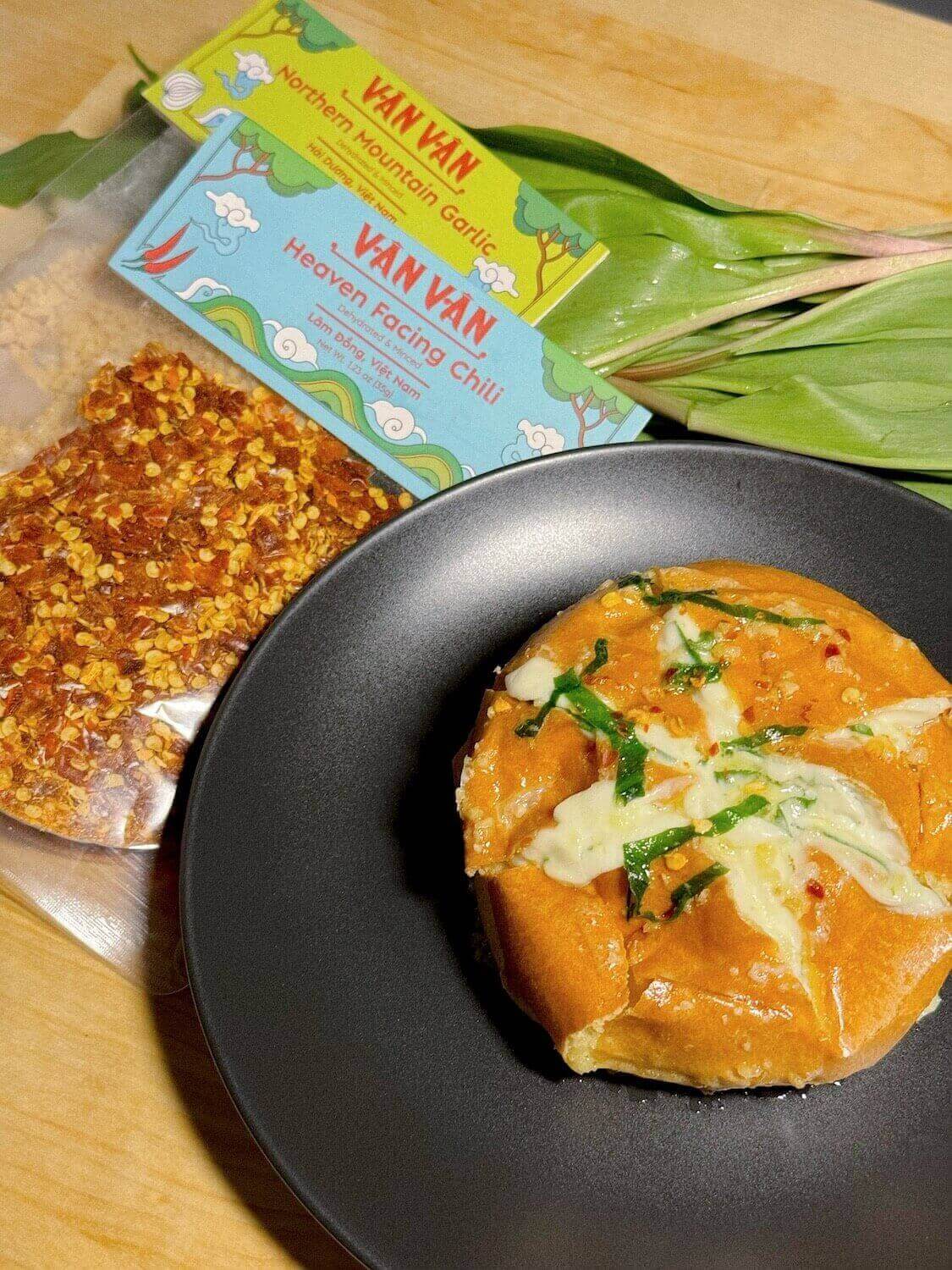 Delicious Seasonal Savory Ramps & Cream Cheese Garlic Bread | Vân Vân